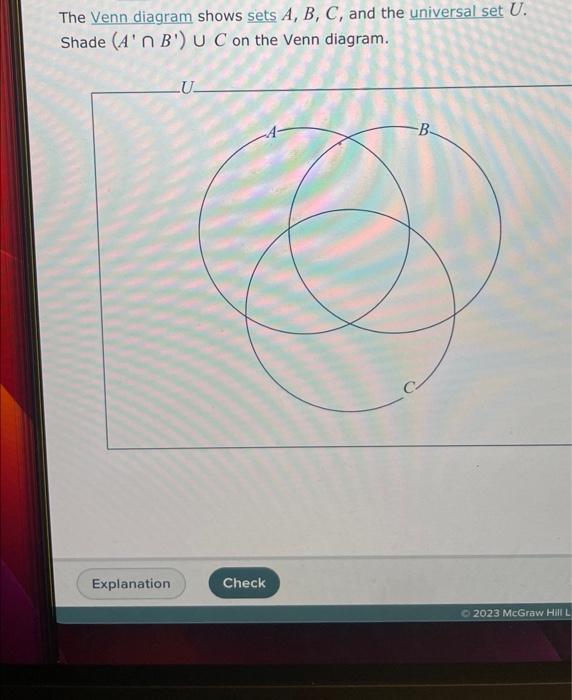 Solved The Venn diagram shows sets A,B,C, and the universal | Chegg.com
