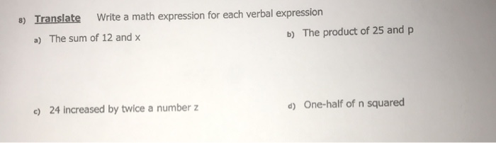 Solved 8) Translate Write a math expression for each verbal | Chegg.com