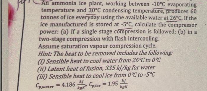 Solved An ammonia ice plant, working between −10∘C | Chegg.com