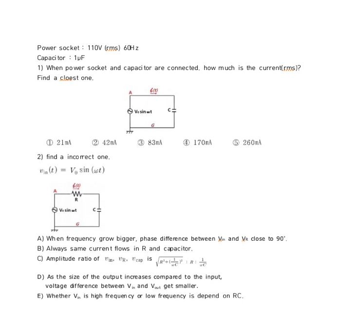Solved Power socket: 110V (rms) 60Hz Capacitor: 1pF 1) When | Chegg.com