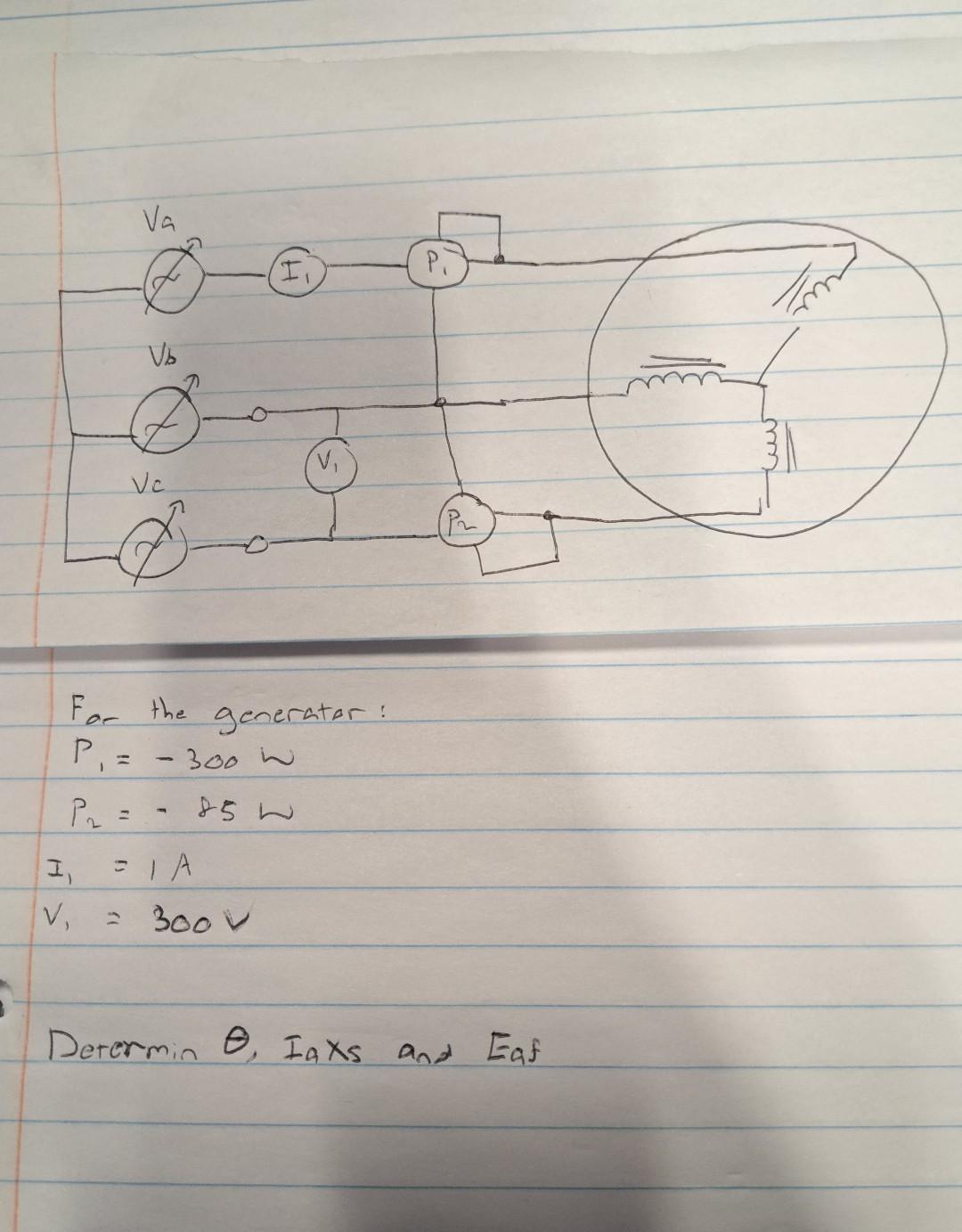Solved For the generatar: P1=−300 WP2=−85 WI1=1 AVV1=300 V | Chegg.com