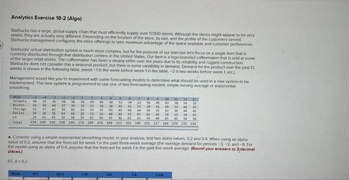Analytics Exercise 18−2 (Algo) Starbucks has a larpe, | Chegg.com