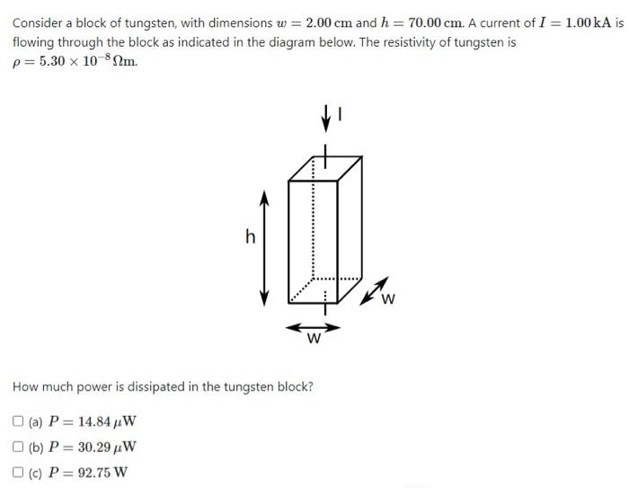 Solved Consider a block of tungsten, with dimensions w = | Chegg.com