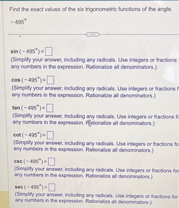Solved Find the exact values of the six trigonometric | Chegg.com