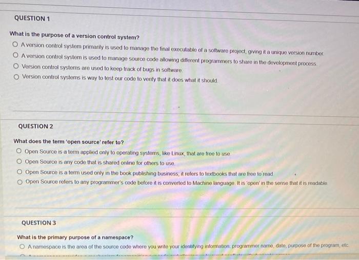 Solved QUESTION 1 What is the purpose of a version control | Chegg.com