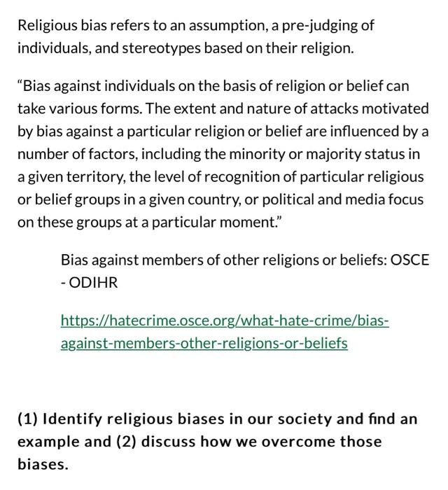 Solved Religious bias refers to an assumption, a pre-judging | Chegg.com