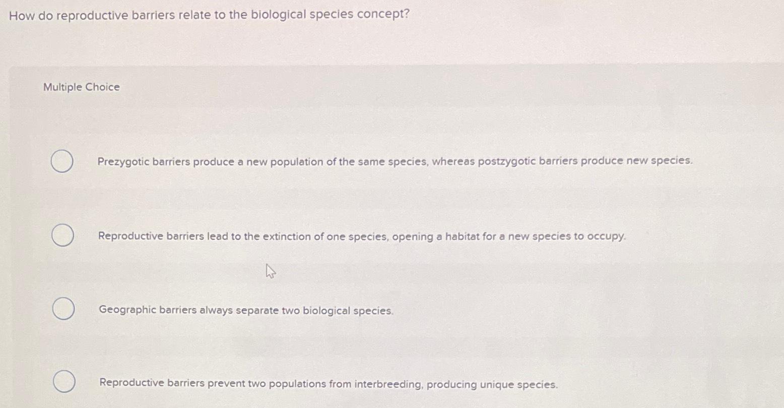 Solved How do reproductive barriers relate to the biological | Chegg.com