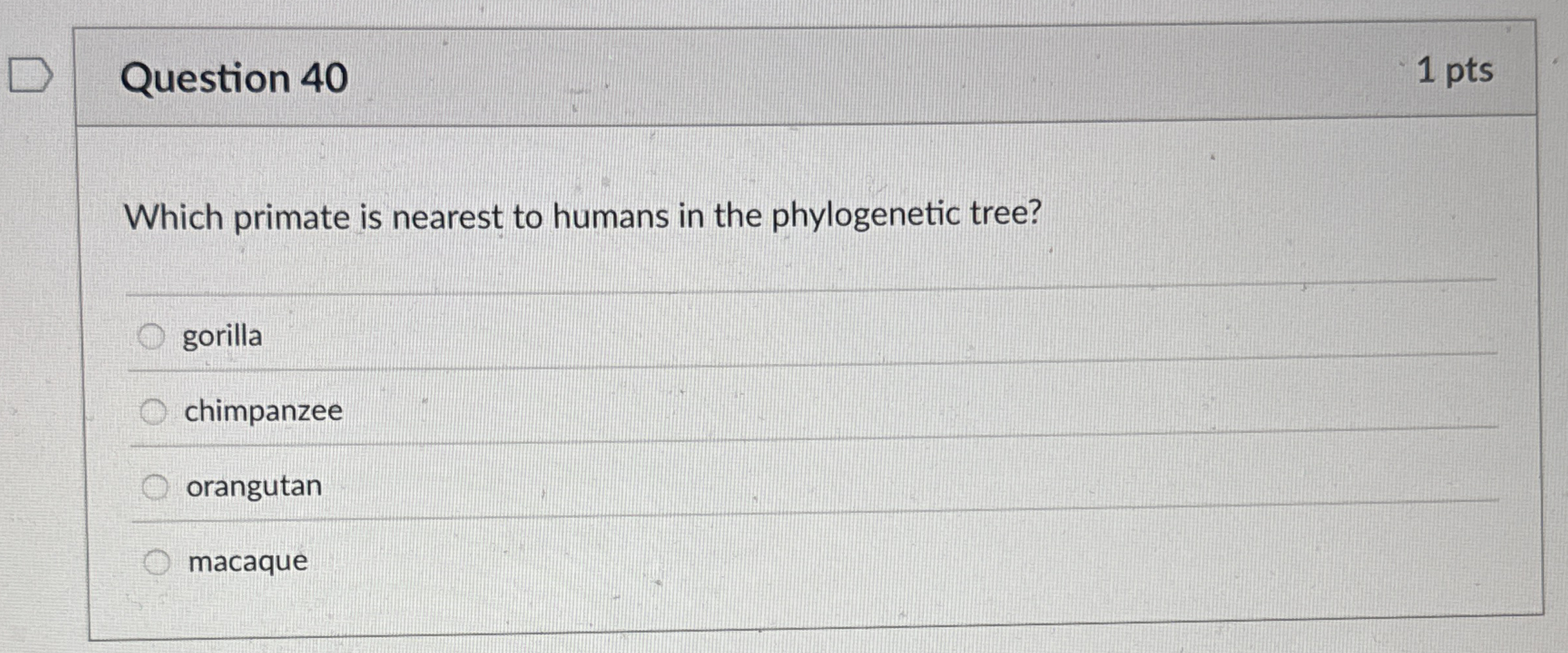 High Quality SOLUTION Question 401 ﻿ptsWhich primate is nearest to ...