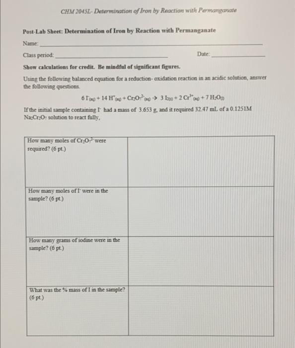 Solved CHM 2045L- Determination of Iron by Reaction with | Chegg.com
