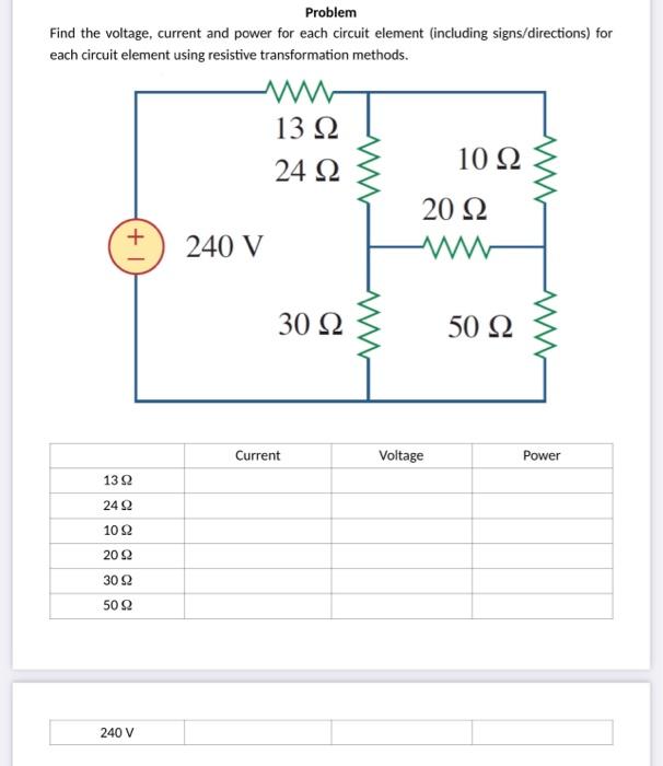 Problem Find the voltage, current and power for each | Chegg.com