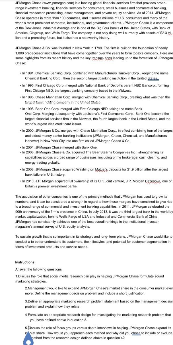 Solved JPMorgan Chase (www.jpmorgan.com) is a leading global | Chegg.com
