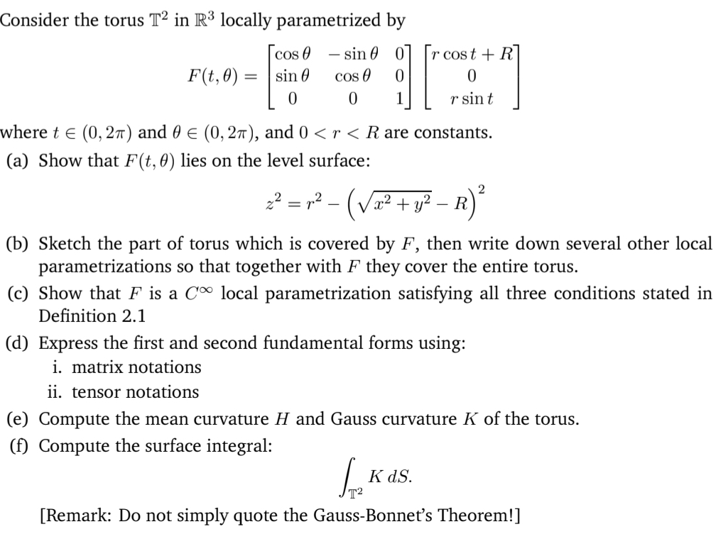 Solved Consider the torus T2 ﻿in R3 ﻿locally parametrized | Chegg.com