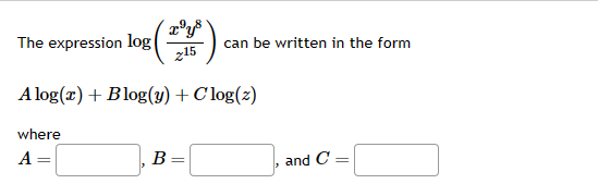 Solved The expression log(x9y8z15) ﻿can be written in the | Chegg.com