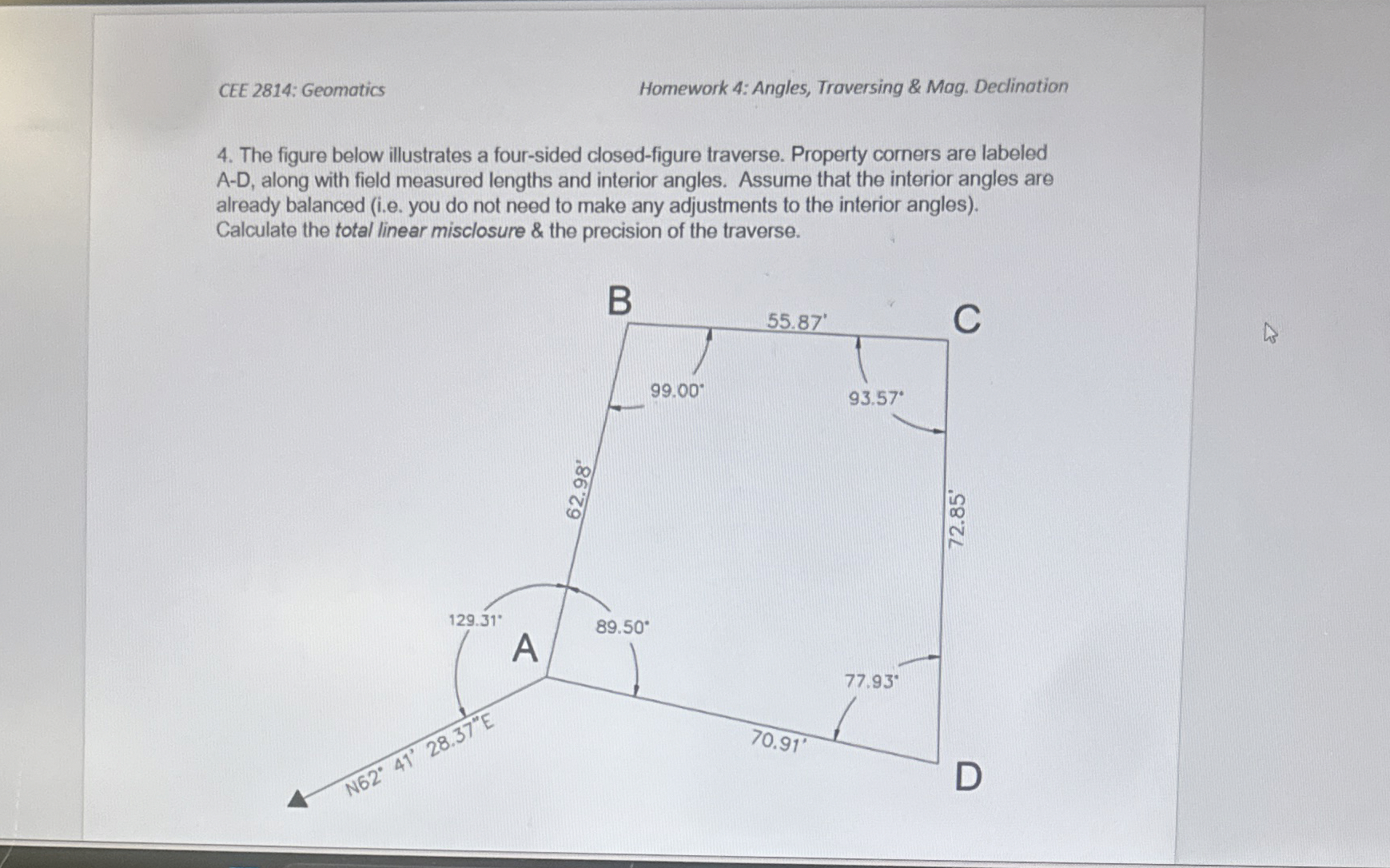Solved CEE 2814: GeomaticsHomework 4: Angles, Traversing & | Chegg.com