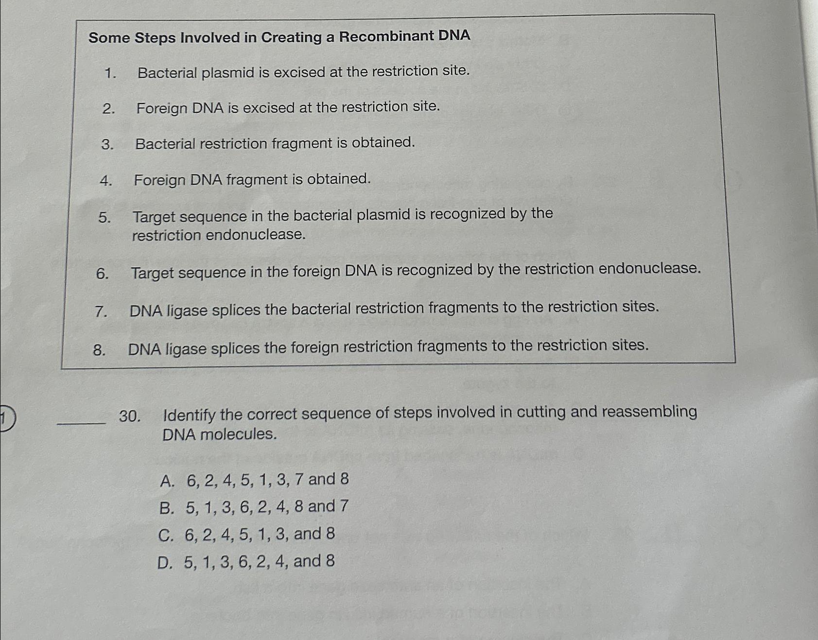 Solved Some Steps Involved in Creating a Recombinant | Chegg.com