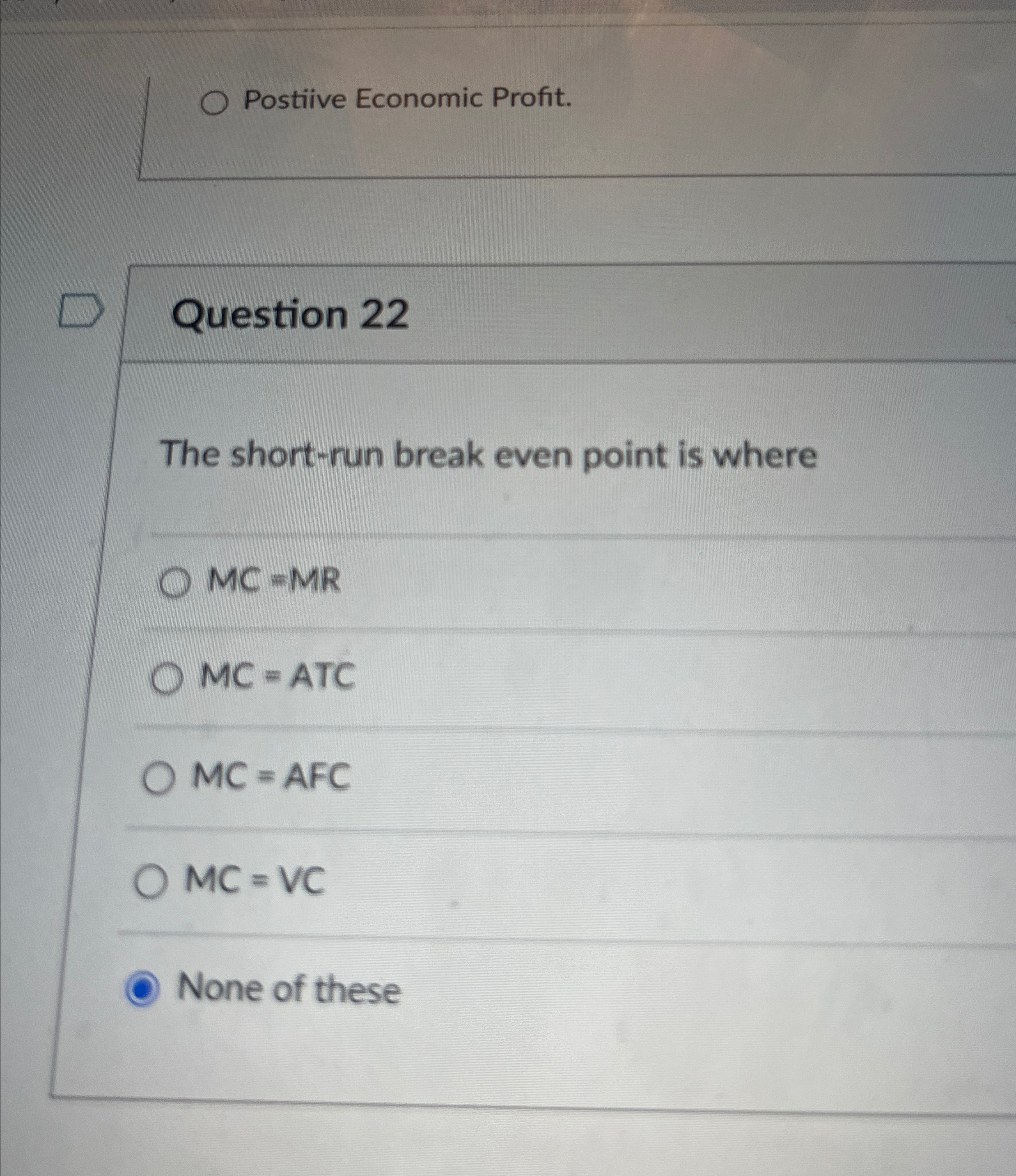 Solved Question 22The short-run break even point is | Chegg.com