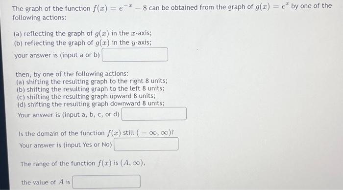 Solved The graph of the function f(x)=e−x−8 can be obtained | Chegg.com