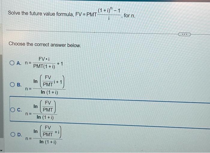 Solved Solve the future value formula, FV =PMTi(1+i)n−1 | Chegg.com