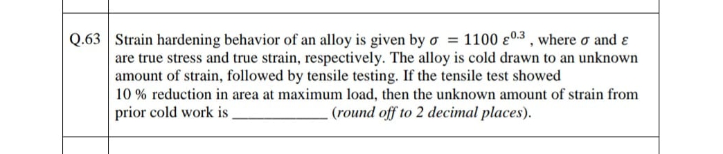 Solved \table[[Q.63,\table[[Strain hardening behavior of an | Chegg.com