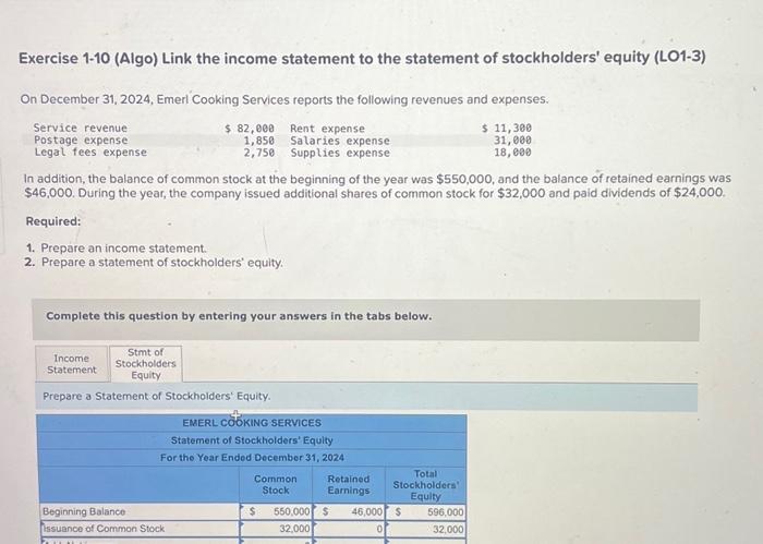 Solved Exercise 1-10 (Algo) Link the income statement to the | Chegg.com