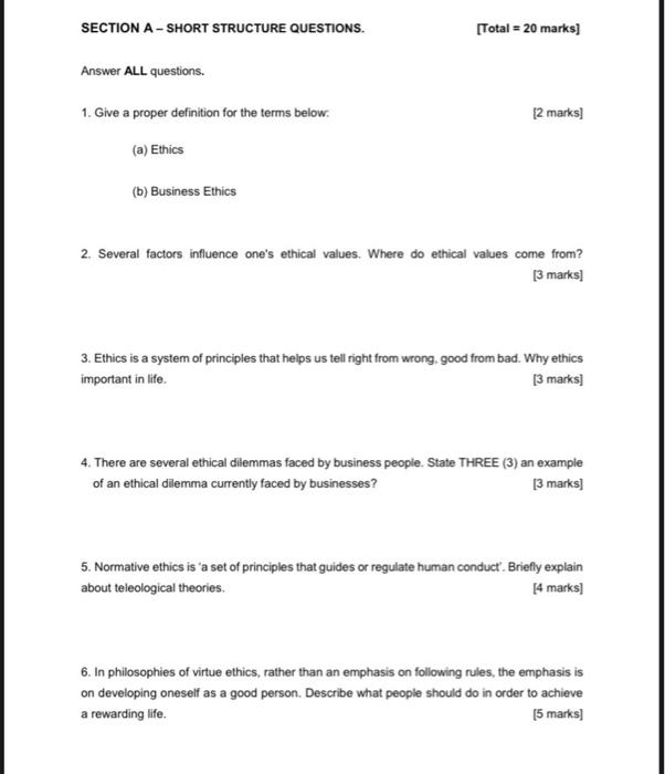 Solved SECTION A - SHORT STRUCTURE QUESTIONS. [Total = 20 | Chegg.com