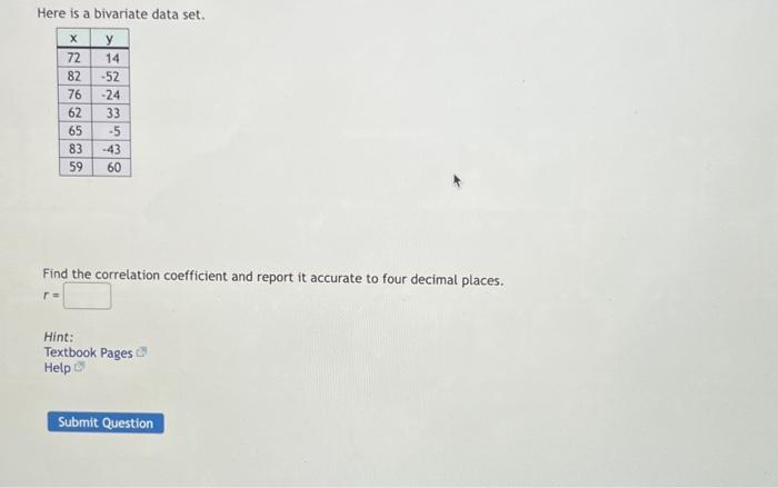 Solved Here is a bivariate data set. Find the correlation | Chegg.com