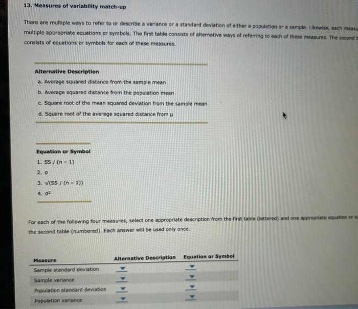 Solved 13. Measures of variability match-up There are | Chegg.com