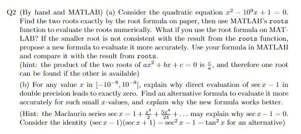 Solved Q2 (By hand and MATLAB) (a) Consider the quadratic | Chegg.com