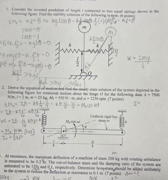 Solved 1. Consider the inverted pendulum of length / | Chegg.com