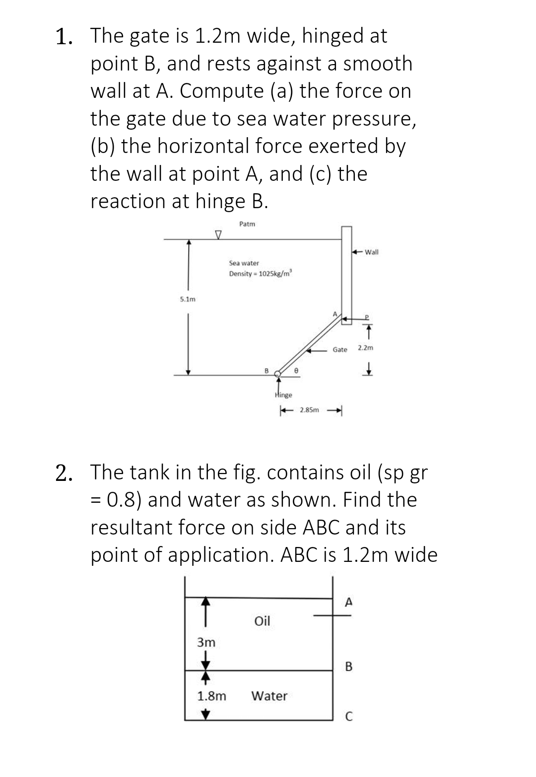 Solved The gate is 1.2m ﻿wide, hinged at point B, ﻿and rests | Chegg.com