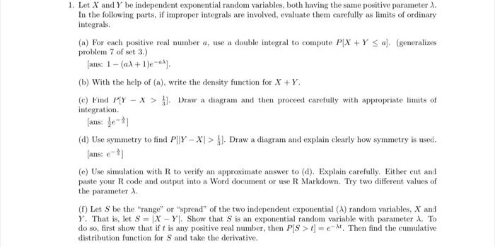 Solved 1. Let X and Y be independent exponential random | Chegg.com