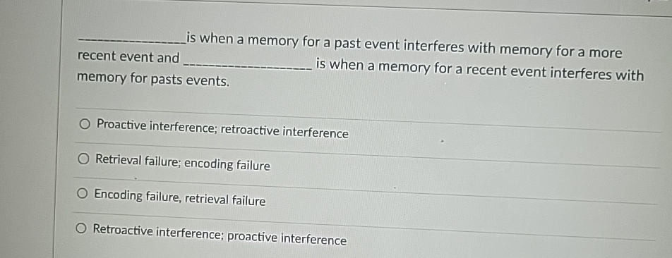 Solved q, ﻿is when a memory for a past event interferes with | Chegg.com