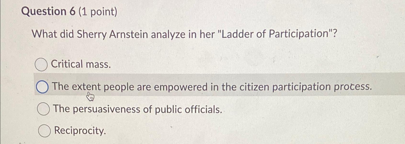 Solved Question 6 (1 ﻿point)What did Sherry Arnstein analyze | Chegg.com