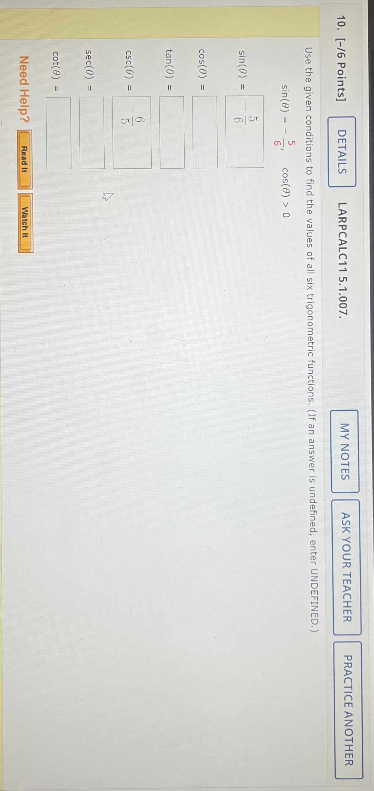 Solved [-/6 ﻿Points]LARPCALC11 5.1.007.Use the given | Chegg.com