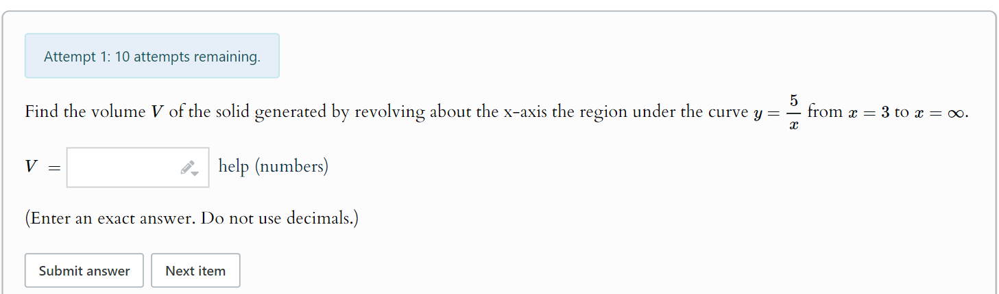 Solved Attempt 1: 10 ﻿attempts remaining.Find the volume V | Chegg.com