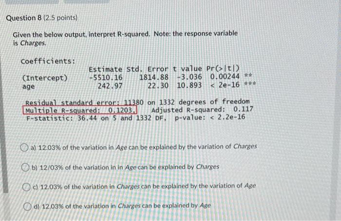 Solved Question 8 ( 2.5 points) Given the below output, | Chegg.com