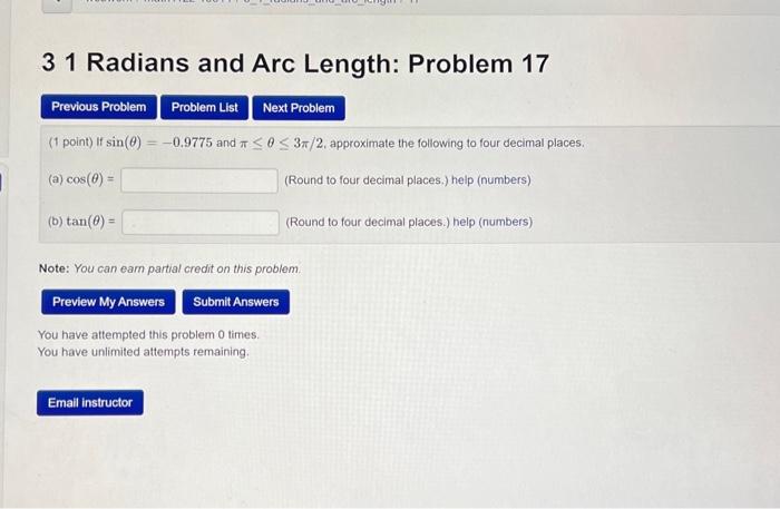 Solved 31 Radians and Arc Length: Problem 17 (1 point) If | Chegg.com