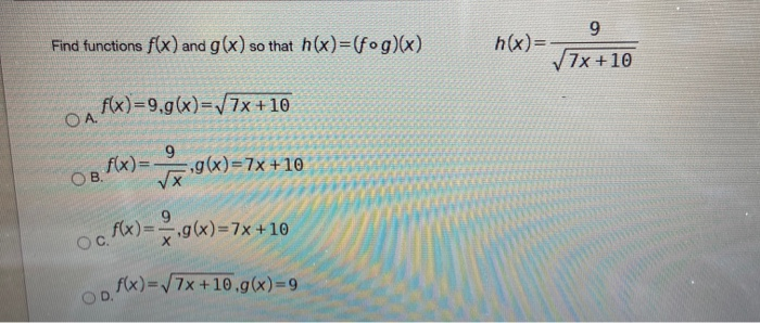Solved 9 Find functions f(x) and g(x) so that h(x)=(fog)(x) | Chegg.com