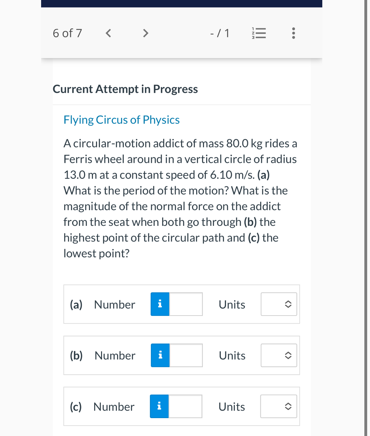 Solved 6 ﻿of 7-1Current Attempt in ProgressFlying Circus of | Chegg.com
