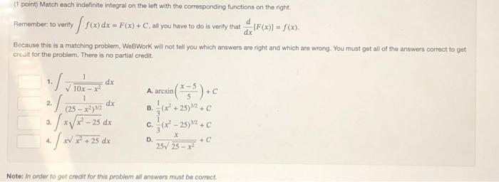 Solved (1) point) Match each indefinite integral on the left | Chegg.com