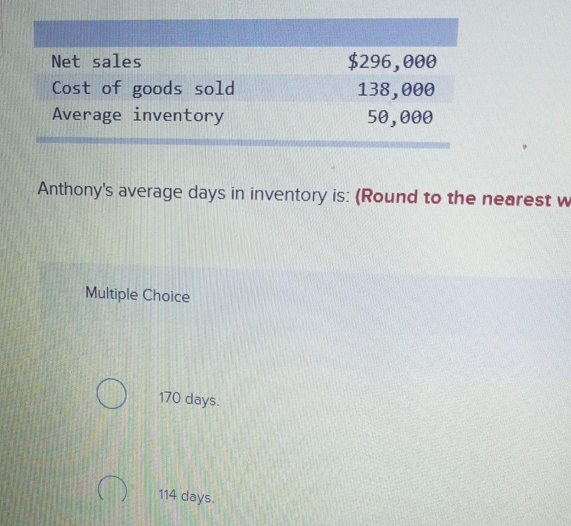 Solved Anthony's average days in inventory is: (Round to the | Chegg.com