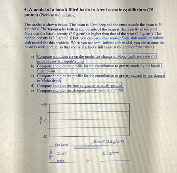 Solved 4. A model of a basalt filled basin in Airy isostatic | Chegg.com