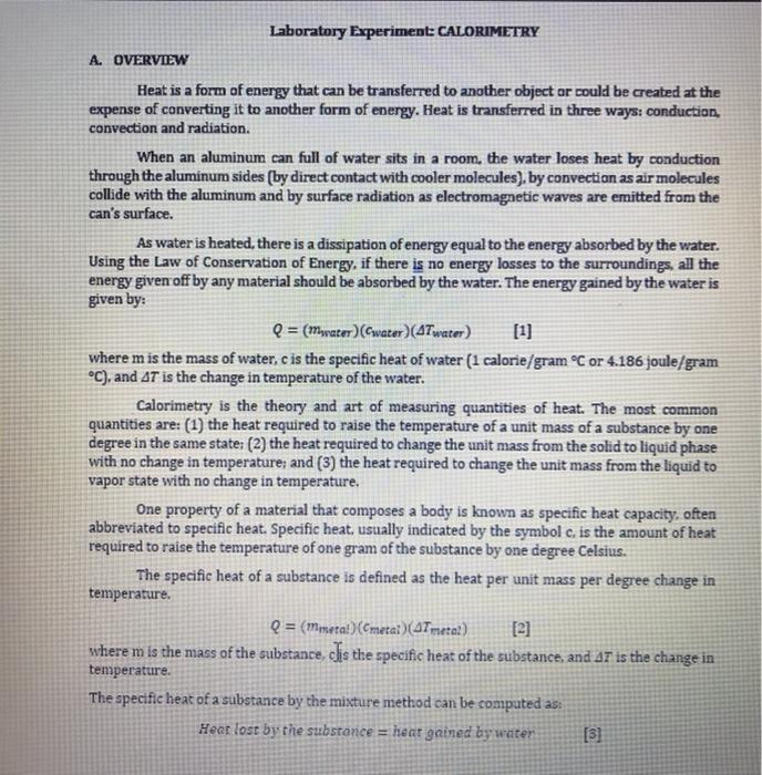 Solved Laboratory Report #12: Calorimetry 1. Data and | Chegg.com