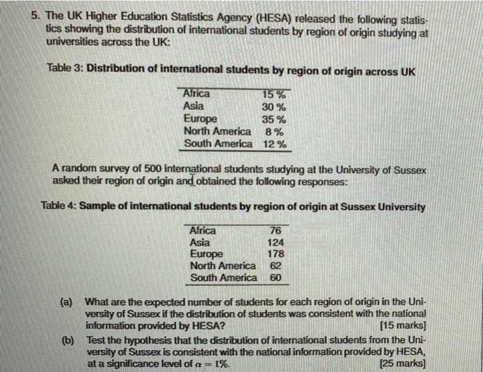 Solved 5. The UK Higher Education Statistics Agency (HESA) | Chegg.com
