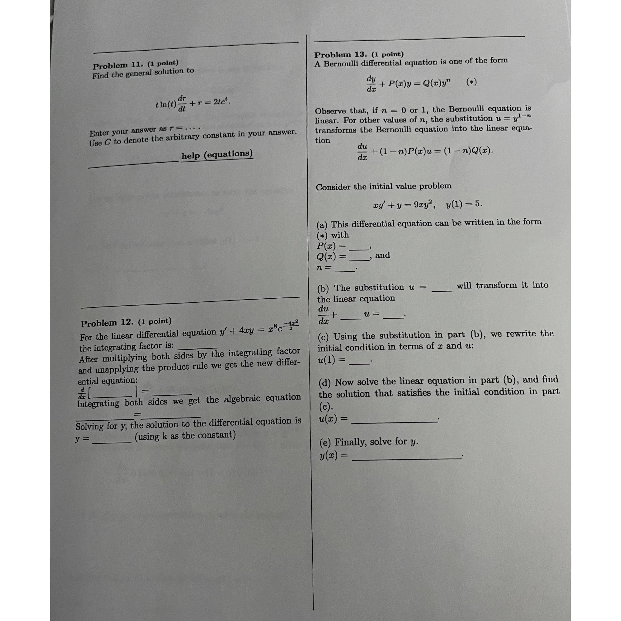 Solved Problem 11. (1 ﻿point)Find the general solution | Chegg.com
