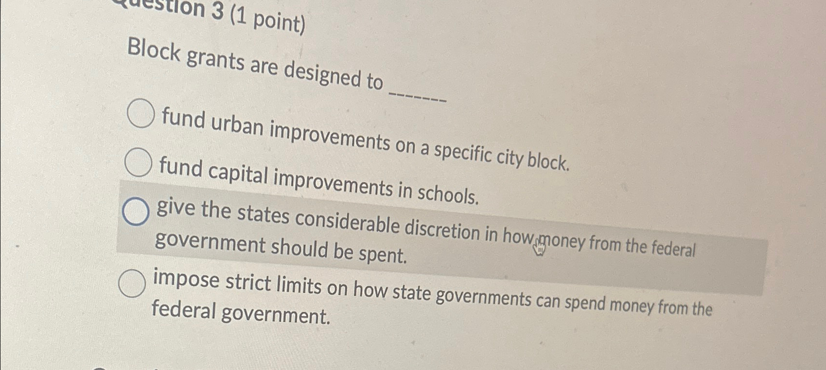 Solved Block grants are designed tofund urban improvements | Chegg.com
