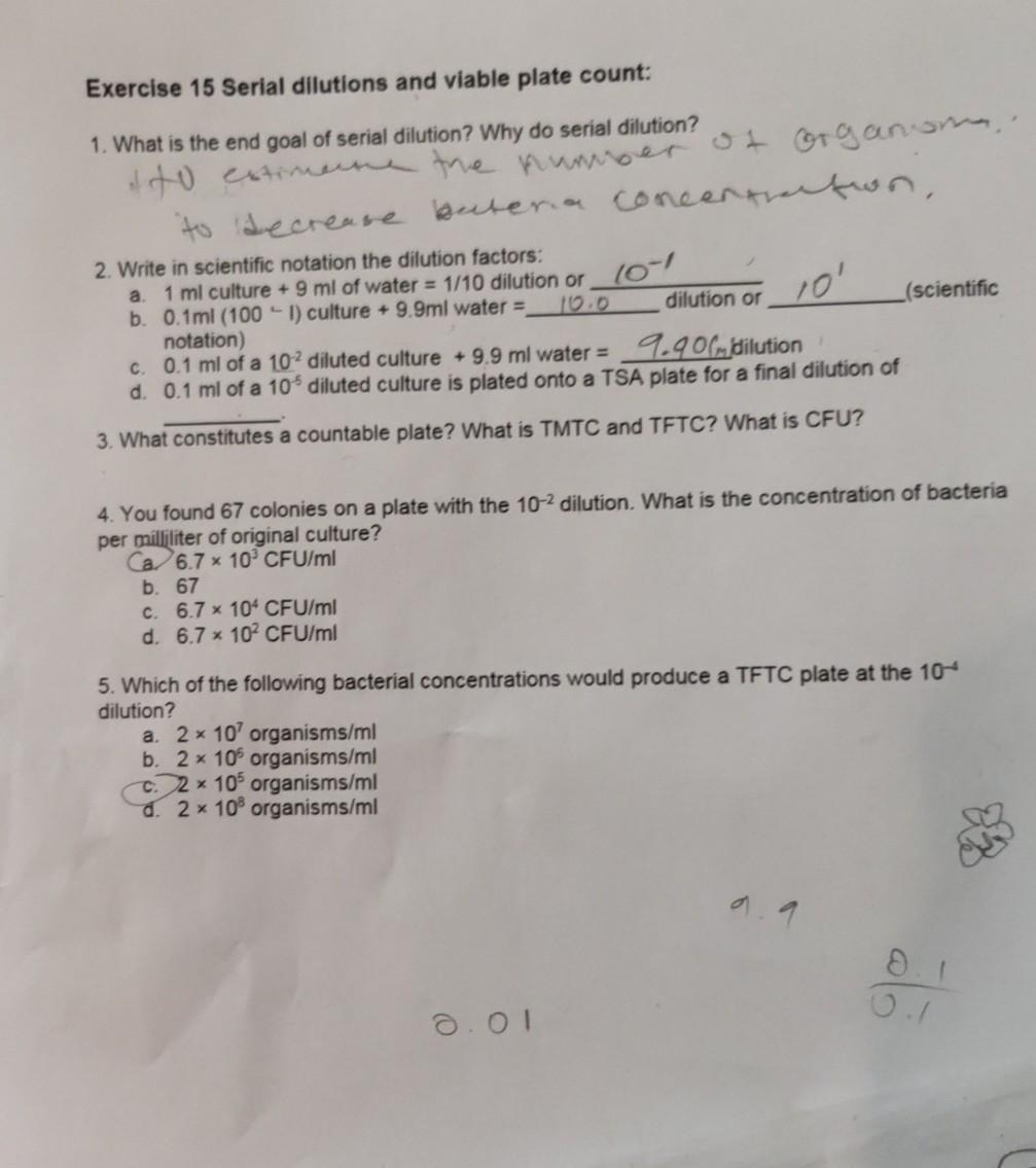 Solved Exercise 15 Serial dilutions and viable plate count: | Chegg.com