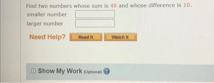 Solved Find two numbers whose sum is 48 and whose difference | Chegg.com