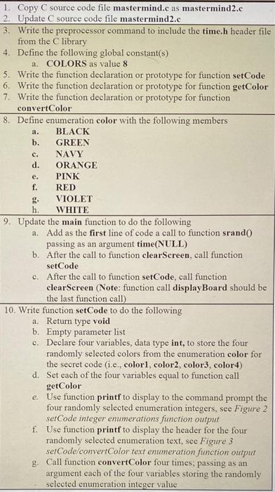 Solved a. c. e. g. 1. Copy C source code file mastermind.c | Chegg.com