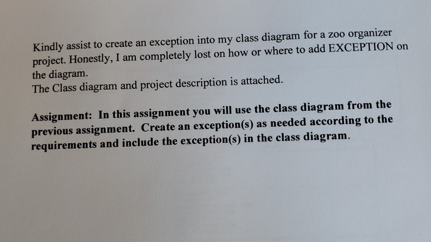 Kindly assist to create an exception into my class | Chegg.com